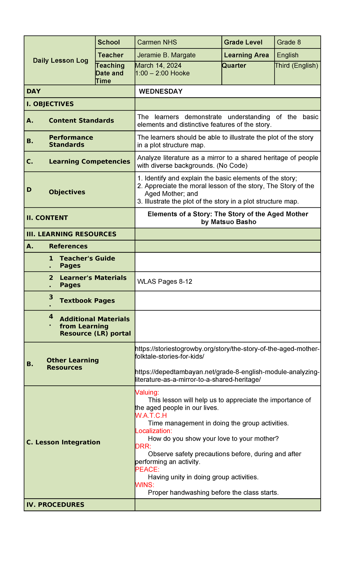 CO-Q3-Literature - Lesson Plan - Daily Lesson Log School Carmen NHS ...