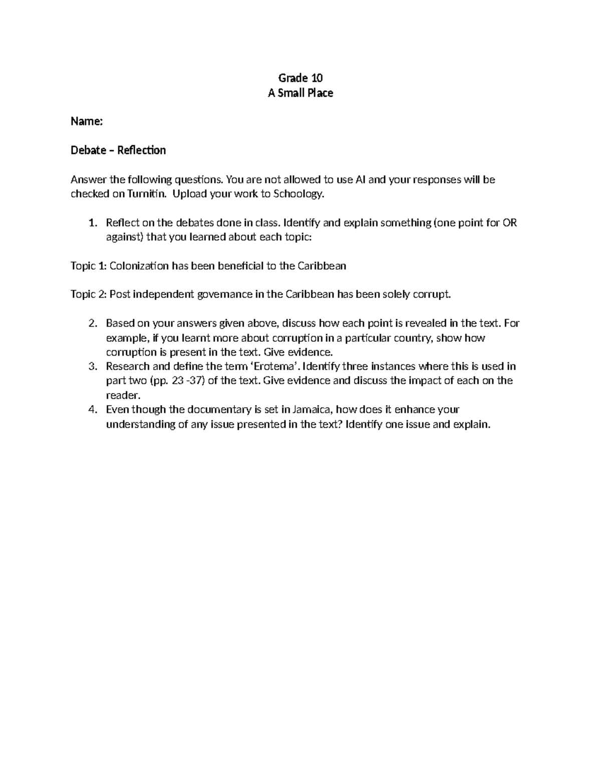 A+Small+Place+Debate+Reflection - Grade 10 A Small Place Name: Debate ...