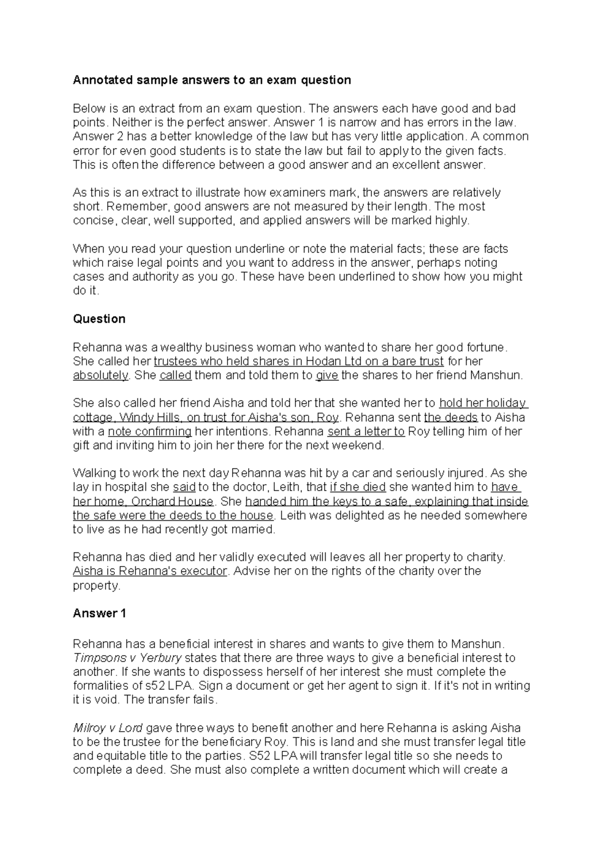 Sample answers - property - Annotated sample answers to an exam ...