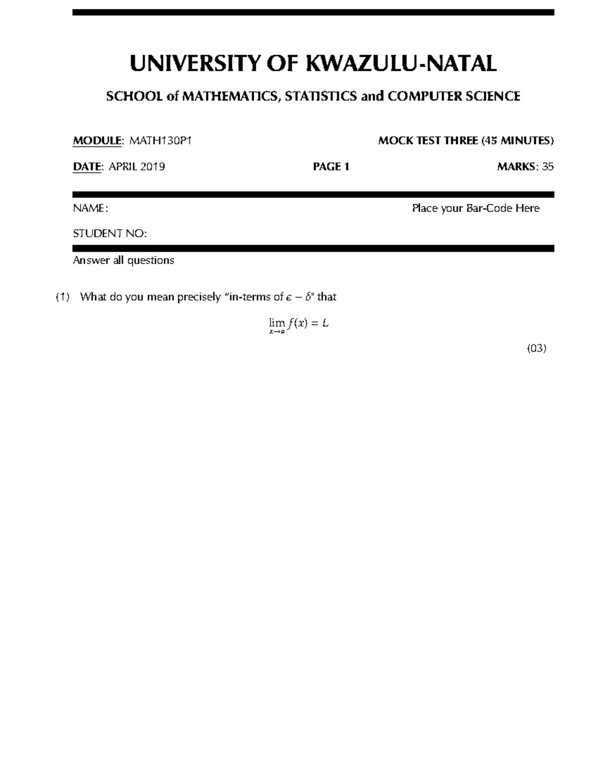 MATH130-2019 TEST MOCK Three - UNIVERSITY OF KWAZULU-NATAL SCHOOL of ...