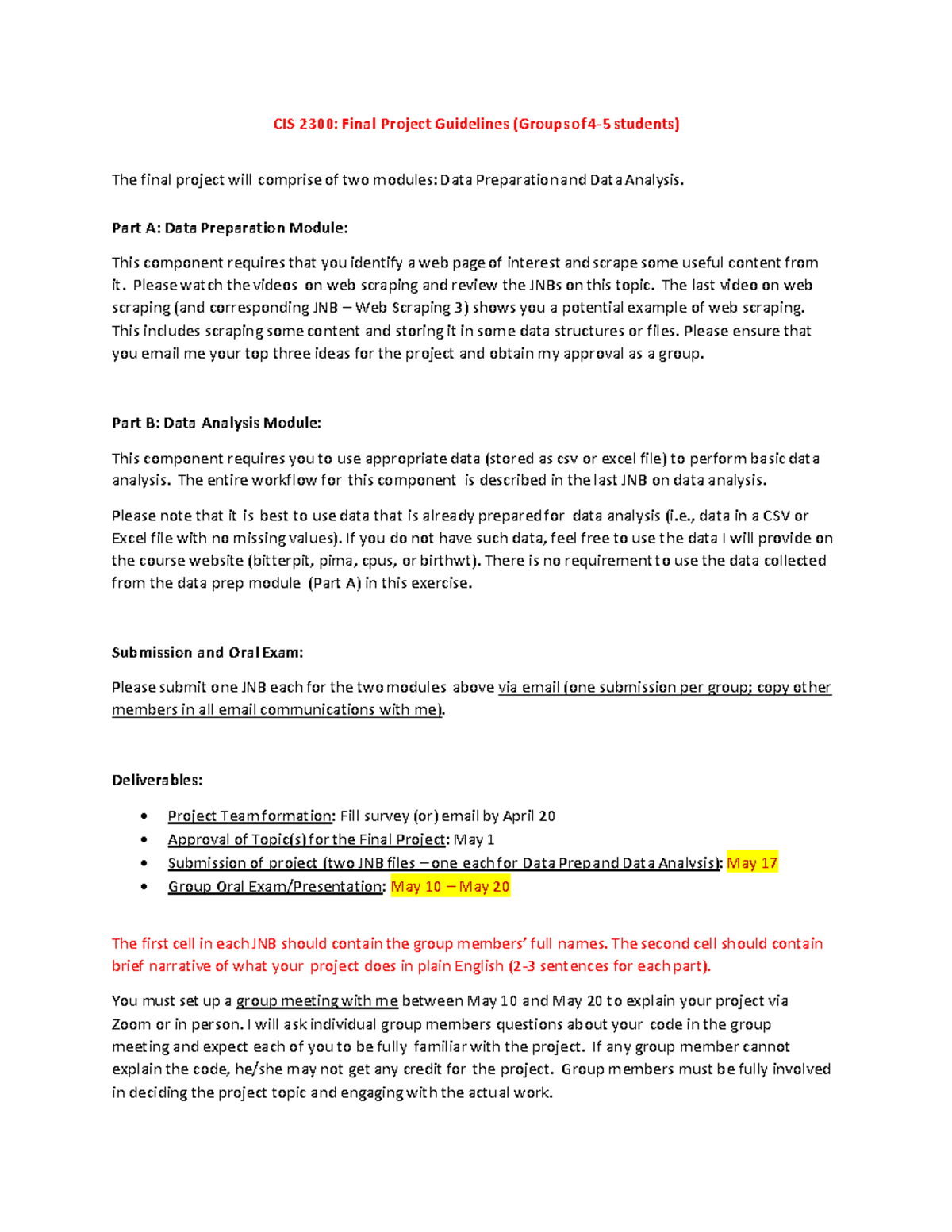 CIS-2300-project-guidelines - CIS 230 0: Final Project Guidelines (Groups of 4 - 5 students) The ...