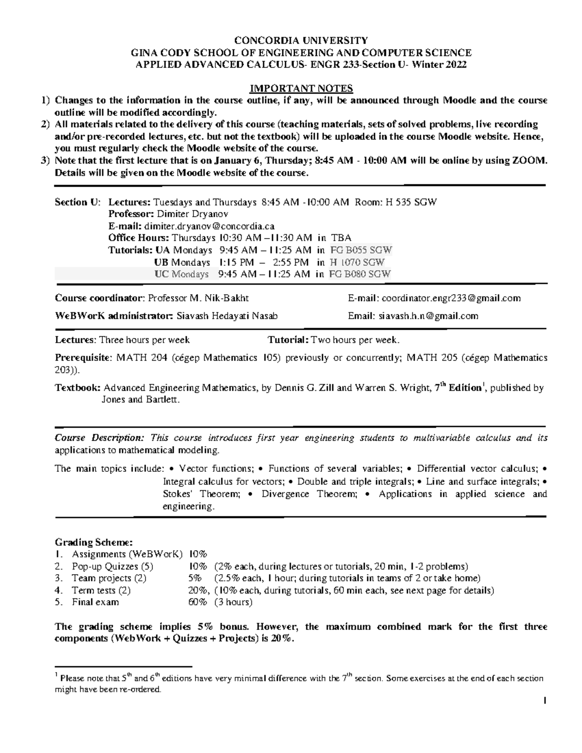 ENGR 233 Section U Winter 2022 Outline - 1 CONCORDIA UNIVERSITY GINA CODY SCHOOL OF ENGINEERING ...