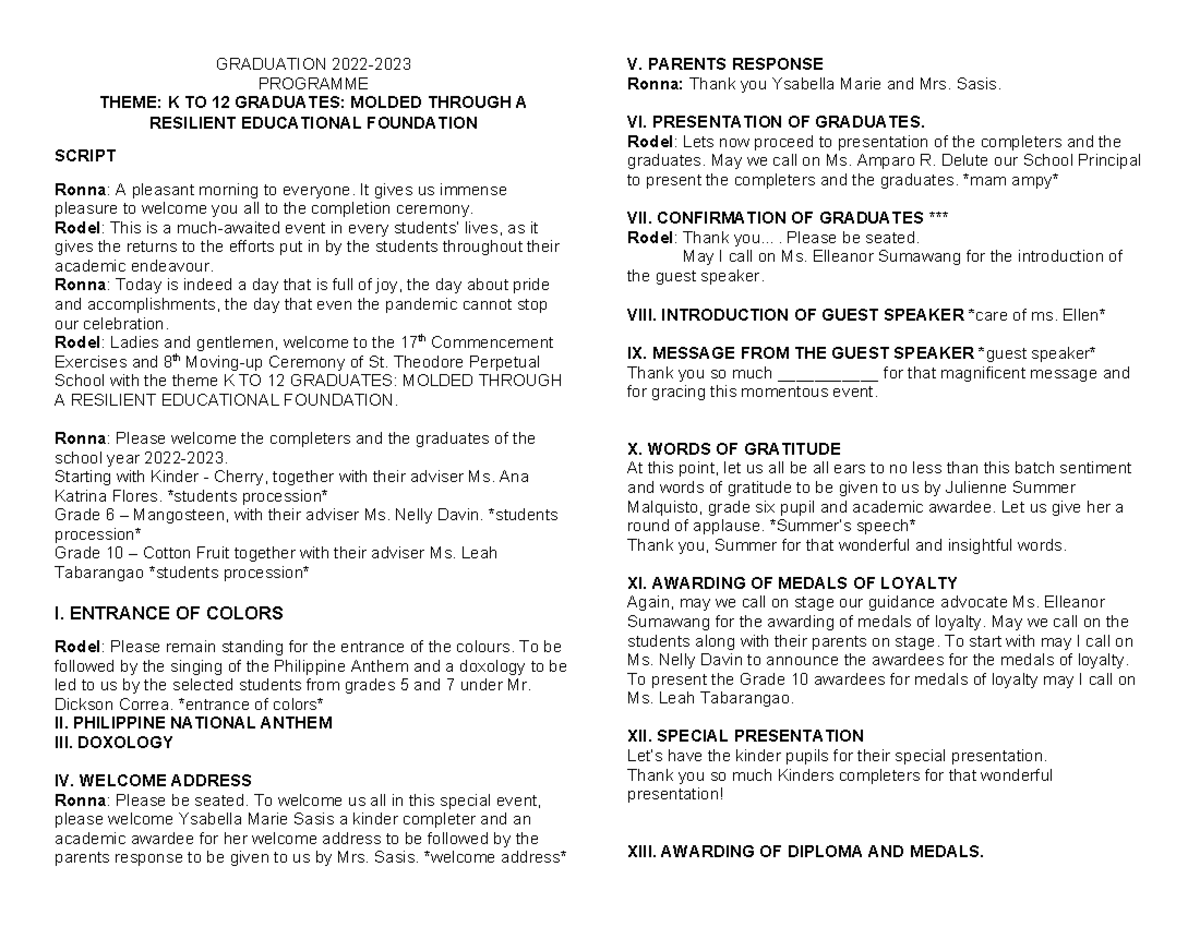 Graduation 2022-2023 - GRADUATION 2022- PROGRAMME THEME: K TO 12 ...