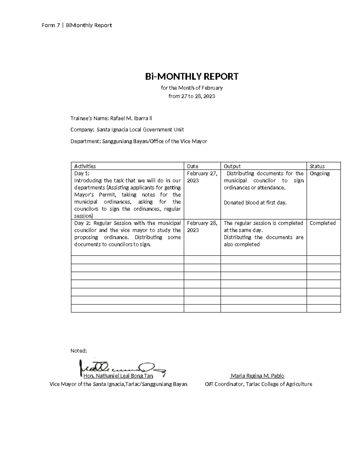 Monthly-Report(February) - Form 7 | BiMonthly Report Bi-MONTHLY REPORT ...