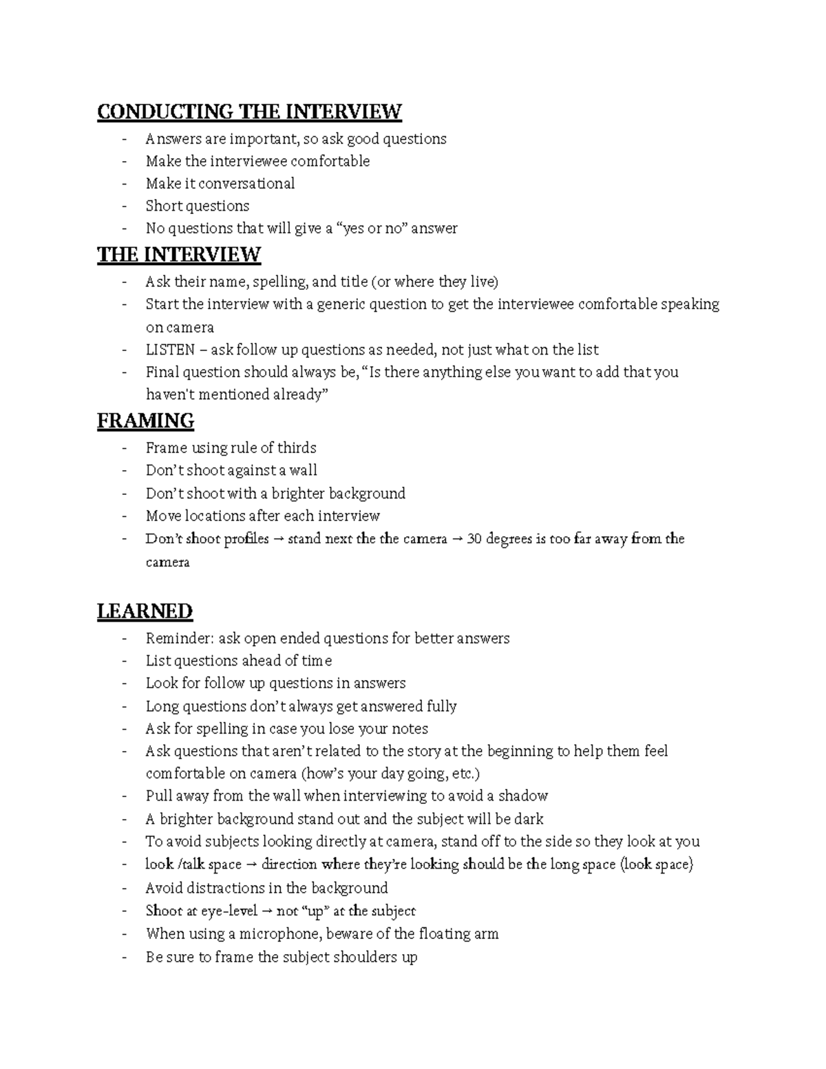 Shooting, framing, and interviewing notes - CONDUCTING THE INTERVIEW ...