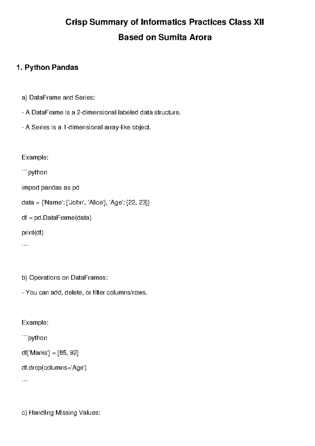 Informatics Practices Crisp Summary - Crisp Summary of Informatics Practices Class XII Based on ...