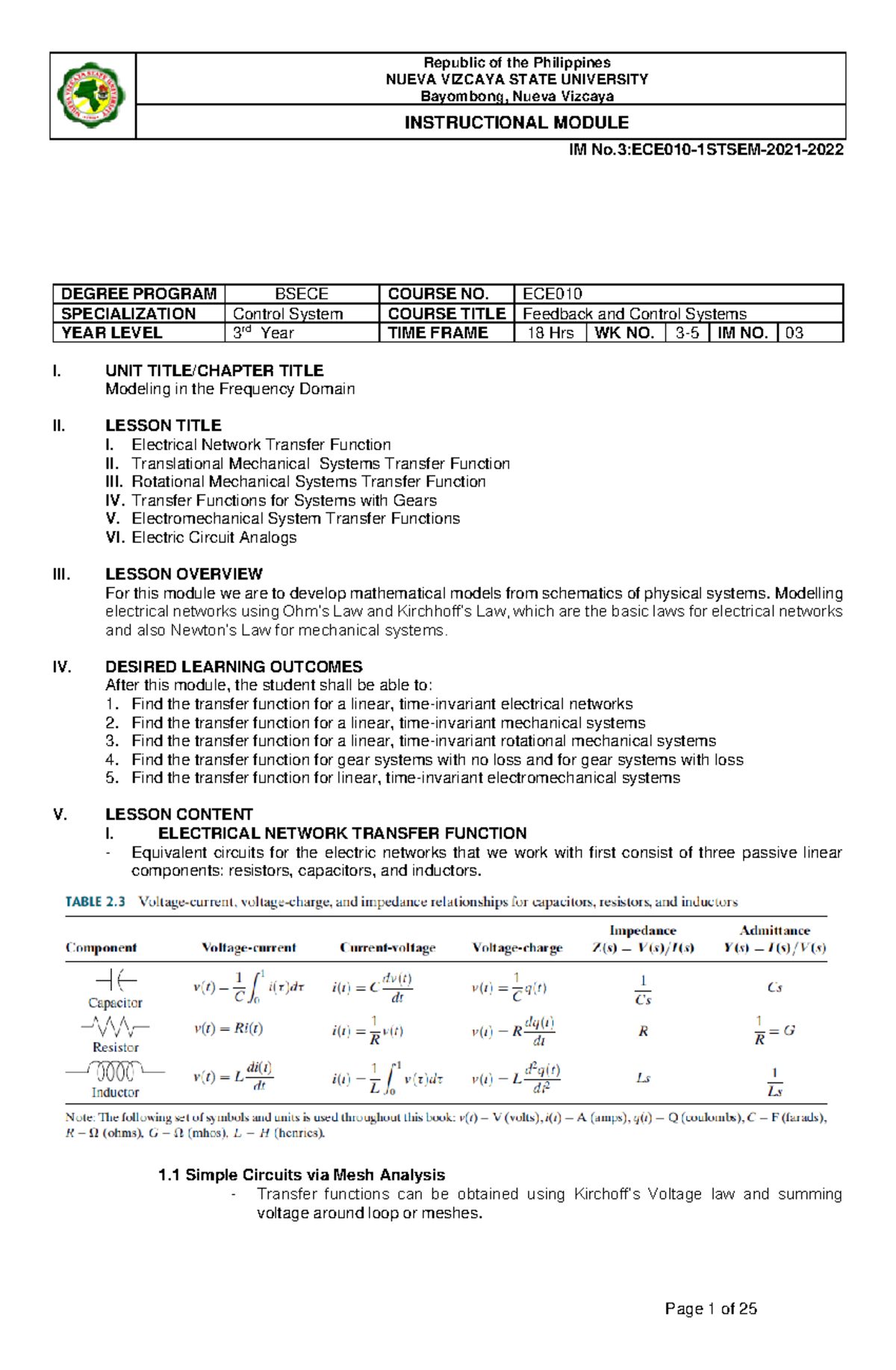 Modeling in the Frequency Domain 2 - NUEVA VIZCAYA STATE UNIVERSITY ...