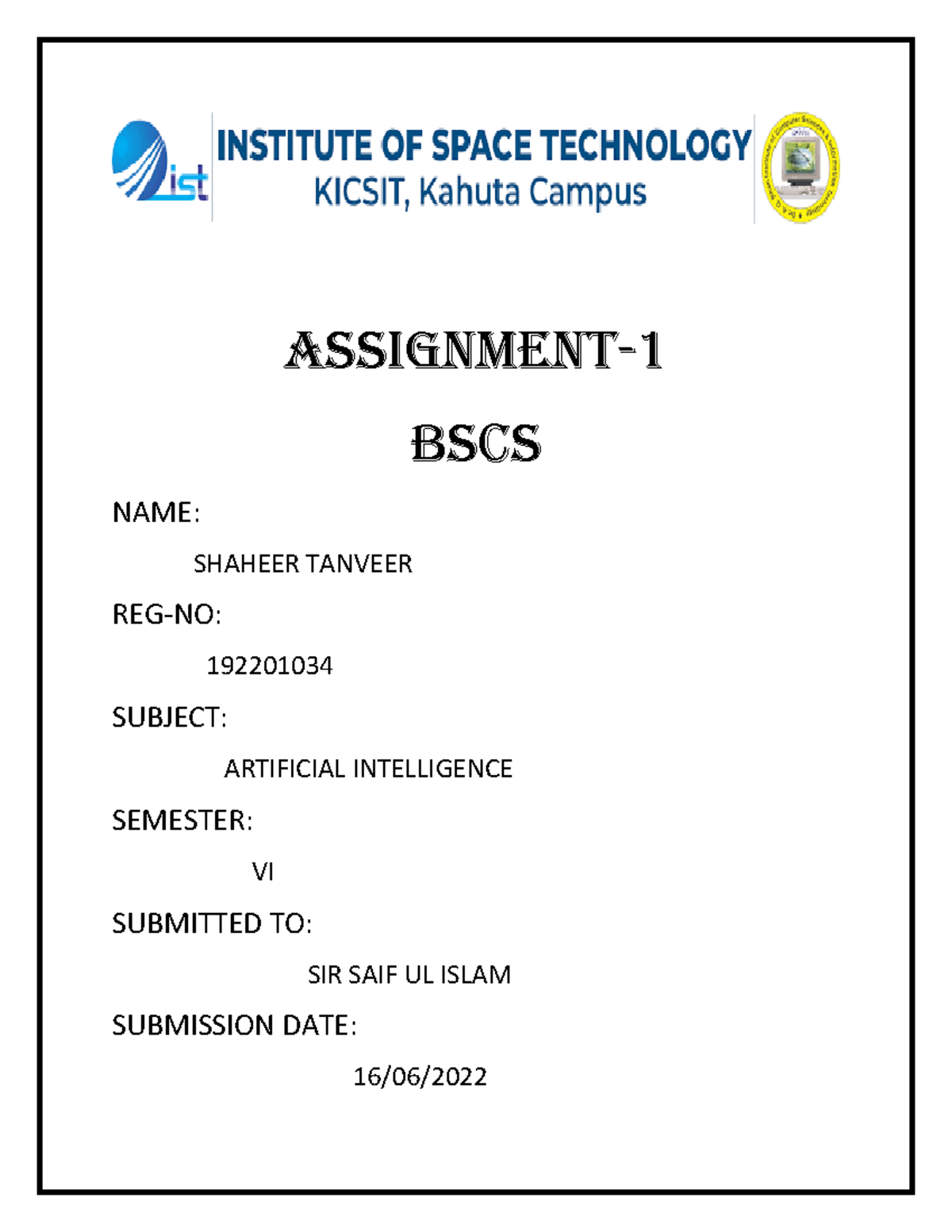 Assignment-1 - A well written AI assignments - Assignment- BSCS NAME ...