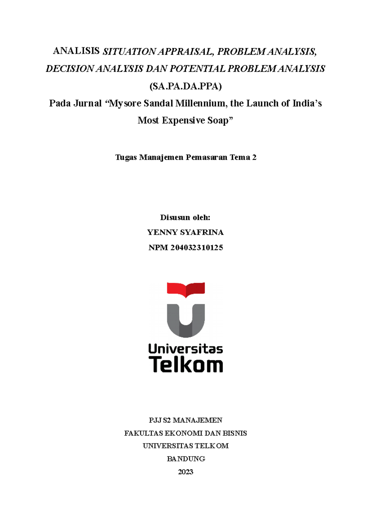 Tugas Manajemen Pemasaran Tema 2 Yenny Syafrina NPM 204032310125 ...