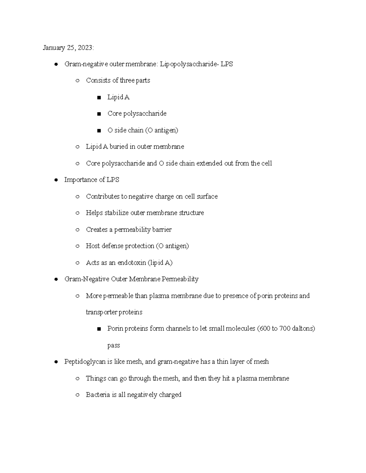 Lecture Notes 1.25.23 - January 25, 2023: Gram-negative outer membrane ...