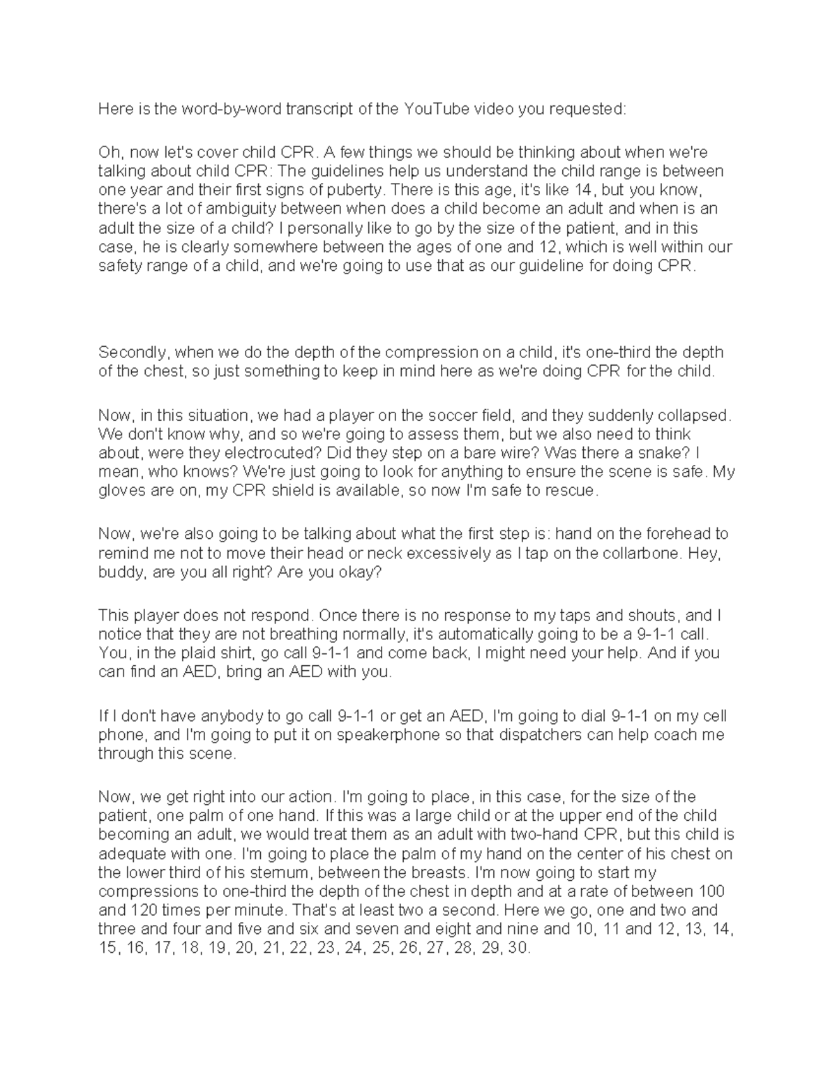 CHILD CPR STEP BY STEP DEMO - Here is the word-by-word transcript of ...