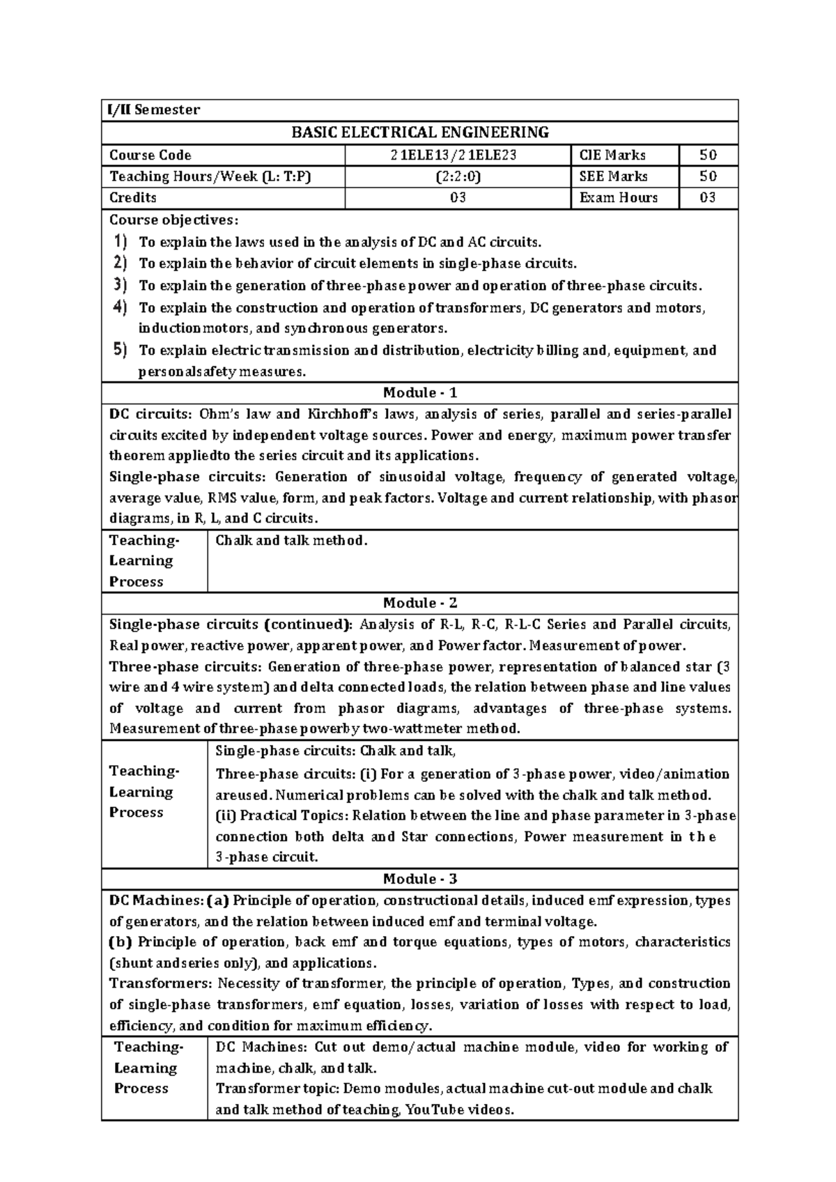 21ele13 - Syllabus - I/II Semester BASIC ELECTRICAL ENGINEERING Course ...