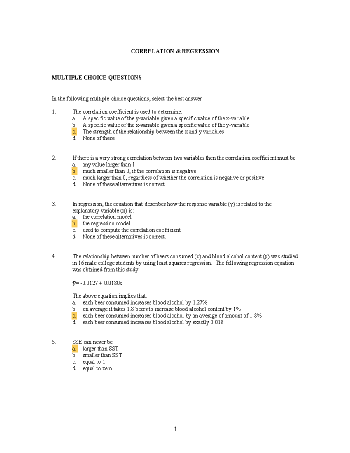 Regression MCQuestions - 1 CORRELATION & REGRESSION MULTIPLE CHOICE QUESTIONS In the following ...