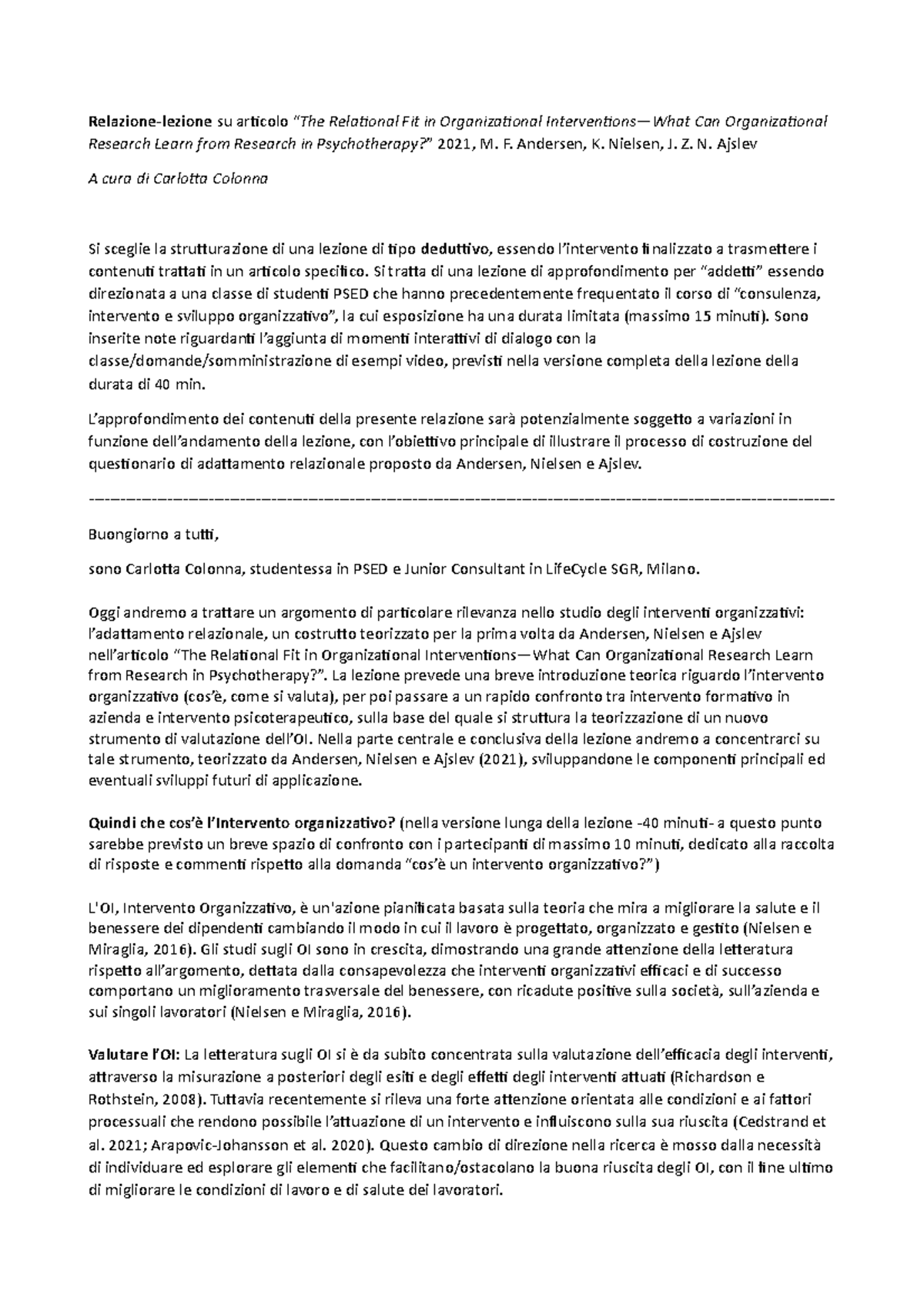 Relazione Consulenza, intervento e sviluppo organizzativo su articolo ...