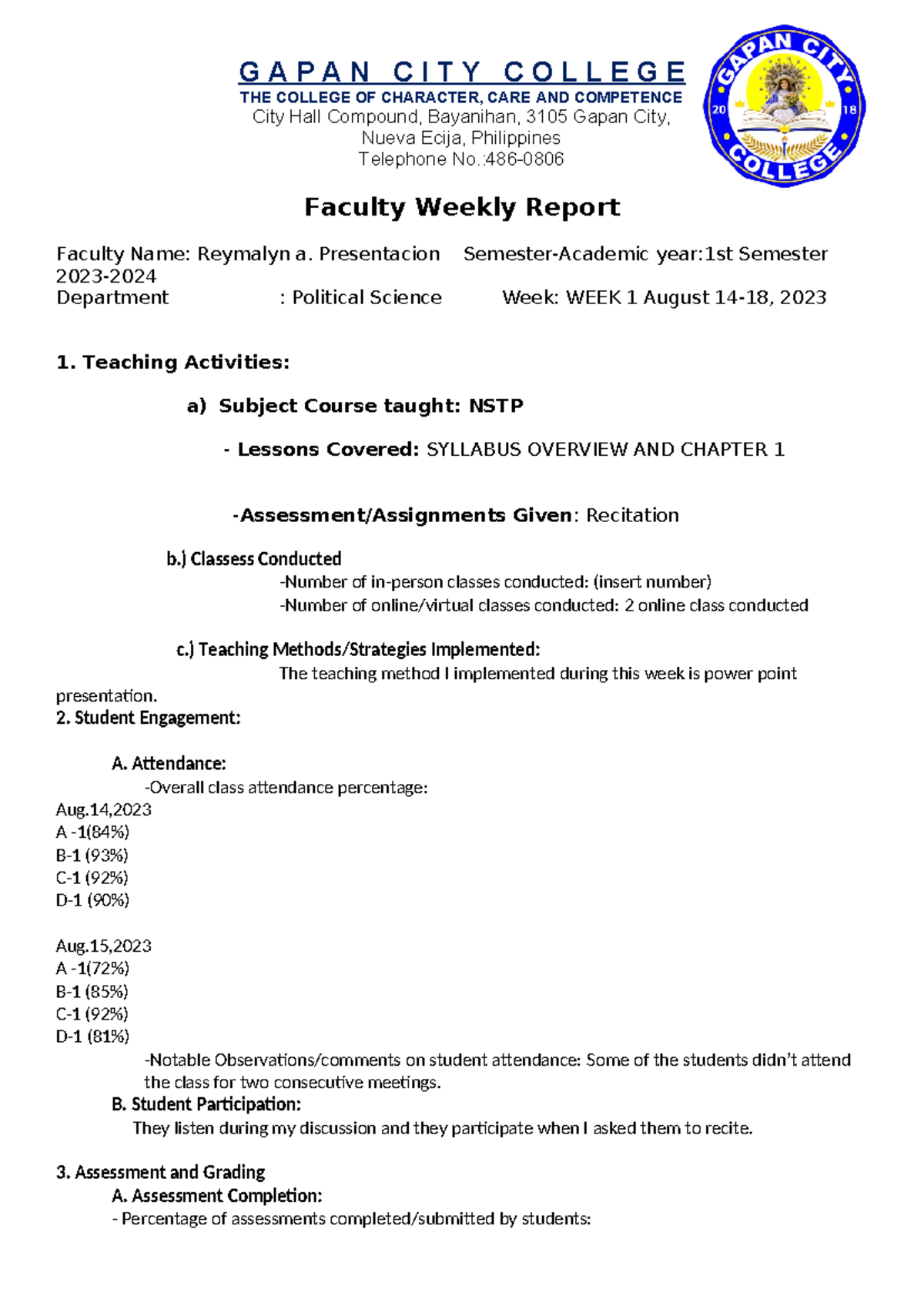 Weekly Report NSTP WEEK 1 - G A P A N C I T Y C O L L E G E THE COLLEGE ...