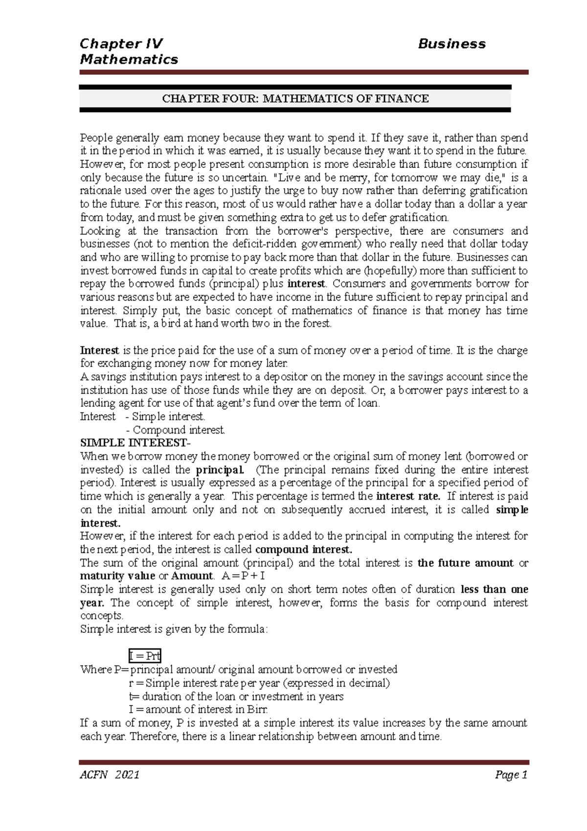 Business Mathematics Ch-4 Regular - Mathematics CHAPTER FOUR ...