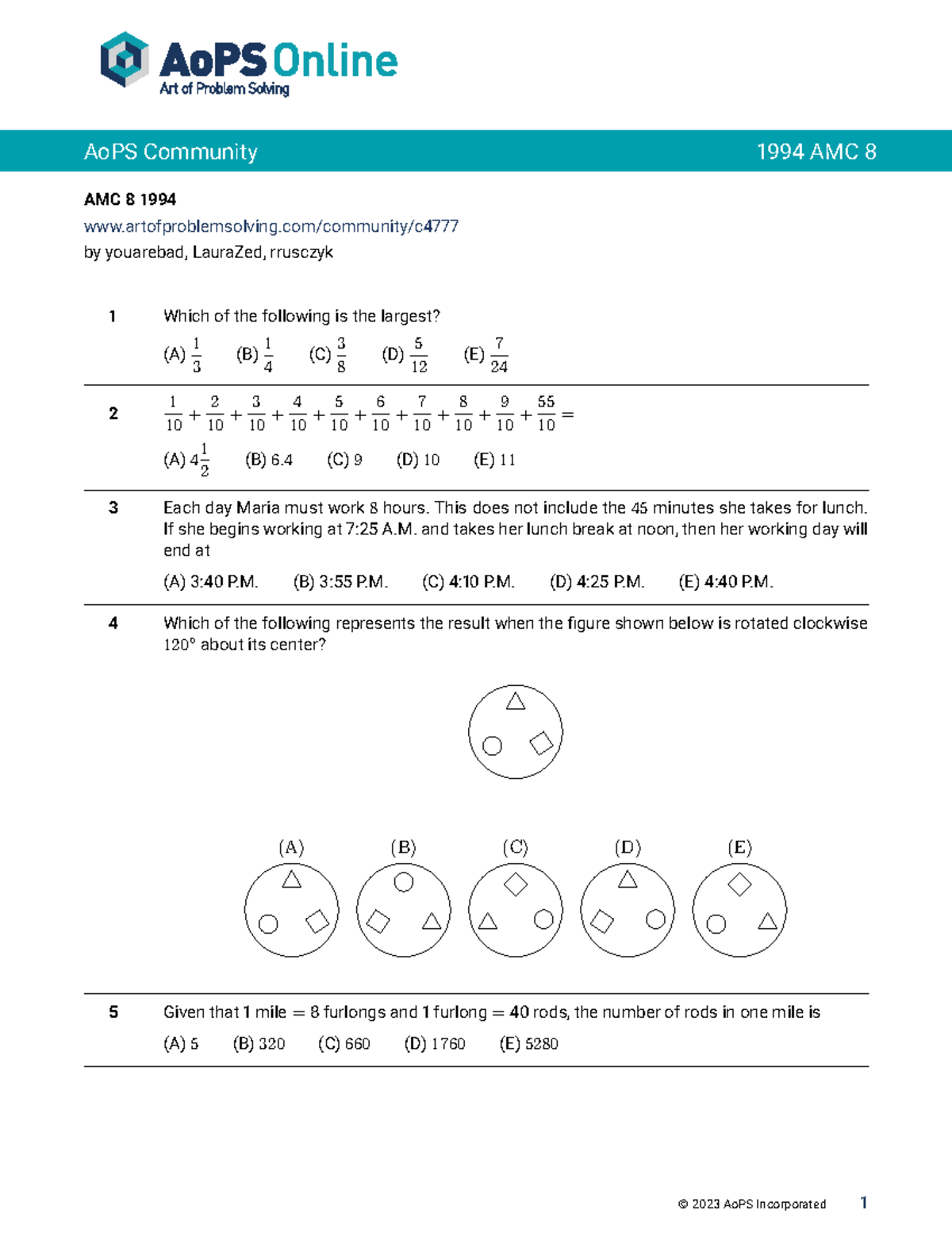 1994 - notes for mathematics - AMC 8 1994 artofproblemsolving/community ...