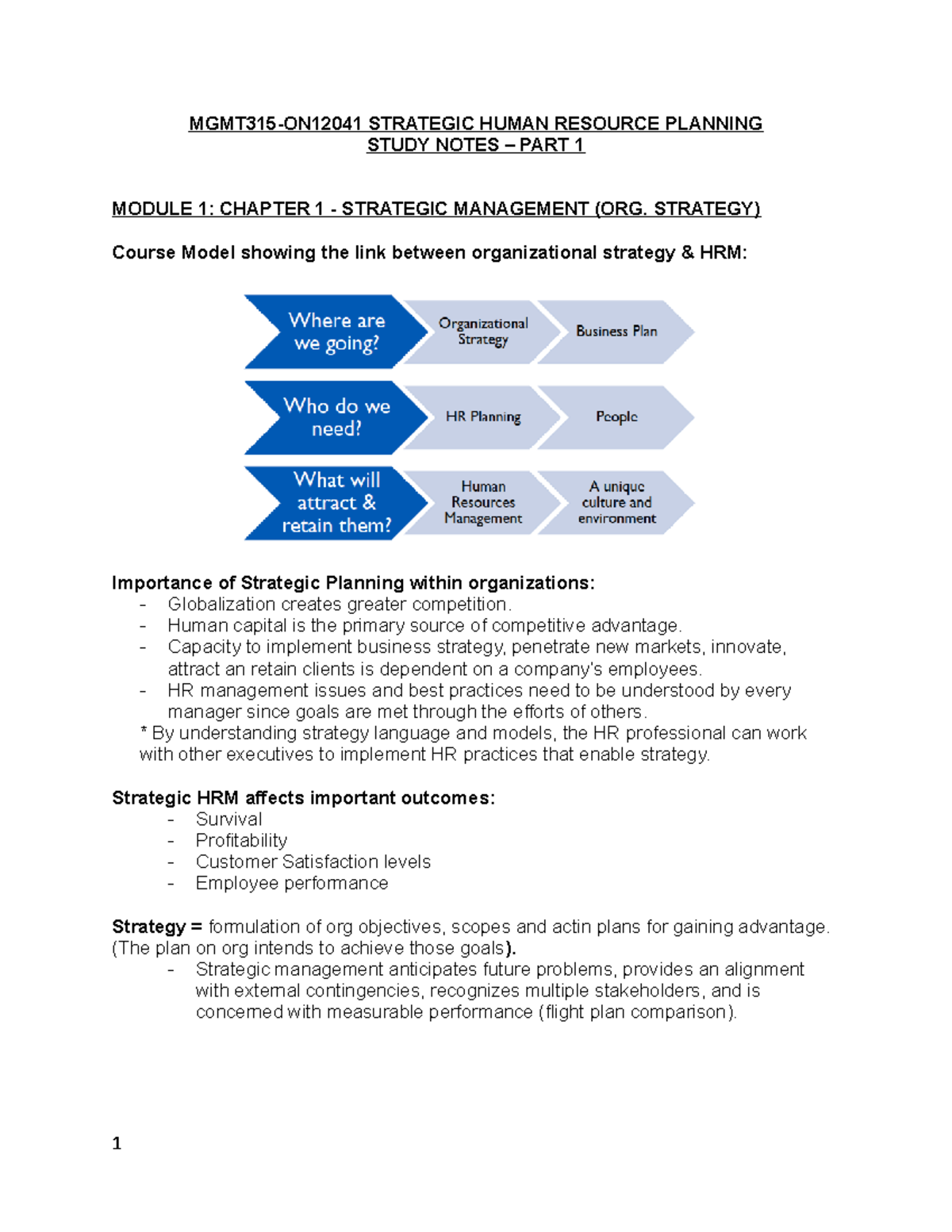 Strategic HR Planning Study Notes-Part01 - MGMT315-ON12041 STRATEGIC ...