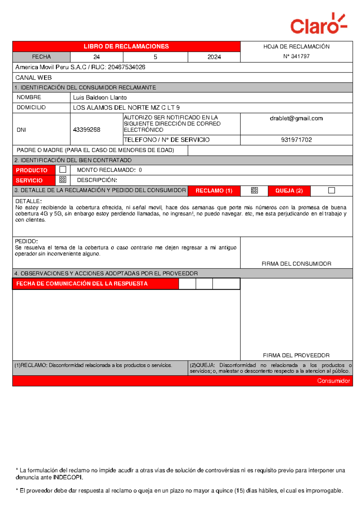 Constancia 341797 - LIBRO DE RECLAMACIONES HOJA DE RECLAMACIÓN FECHA 24 ...