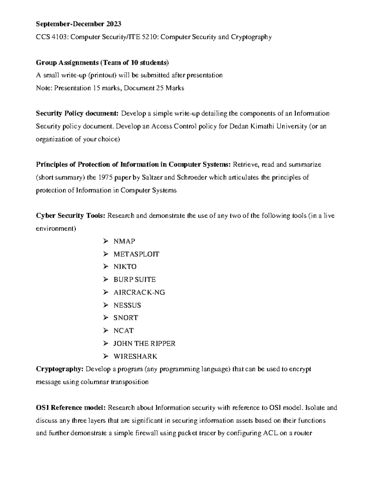 Comp Sec Sep 2023 Tasks - September-December 2023 CCS 4103: Computer ...