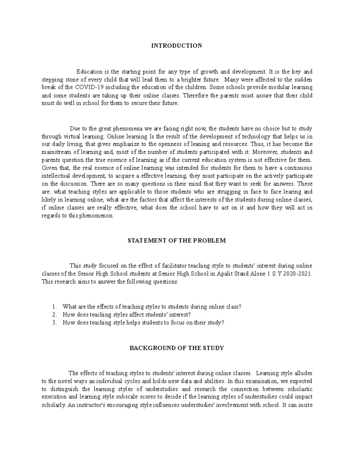 Research sample (intro to significance) - INTRODUCTION Education is the ...