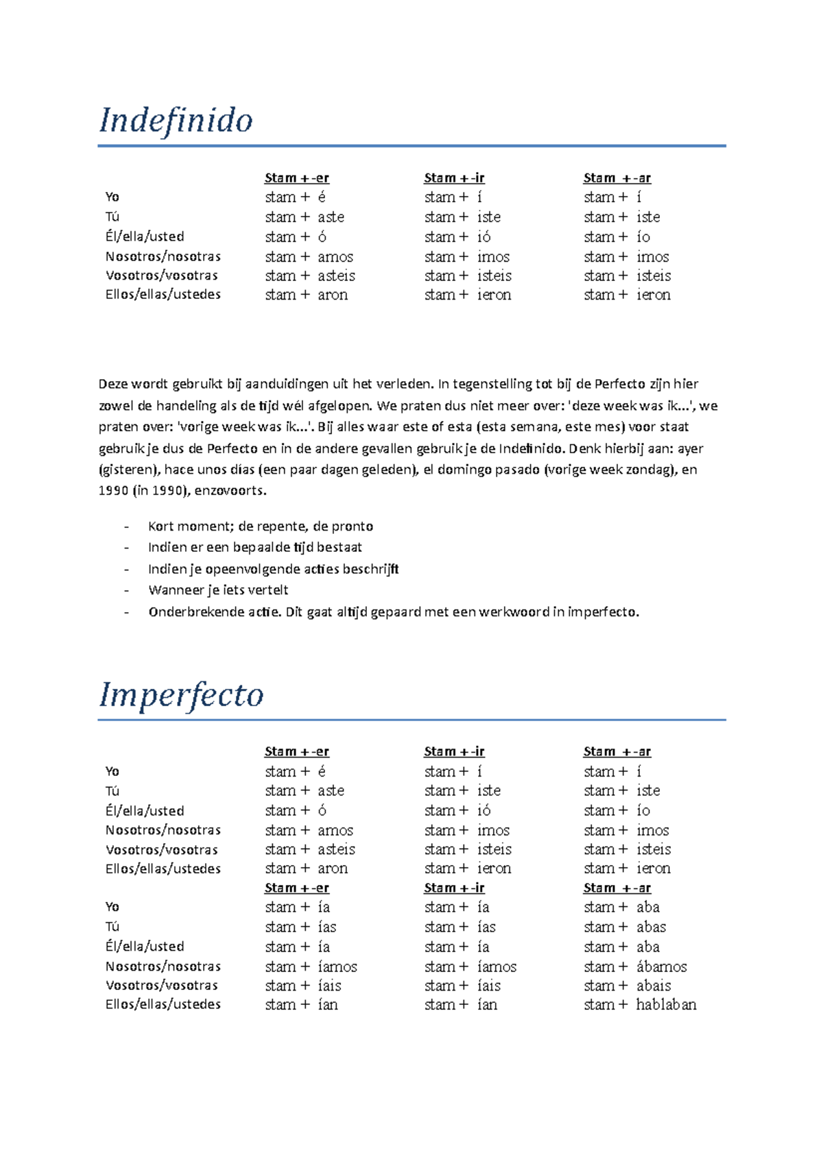 Spaans werkwoorden - Indefinido Yo Tú Stam Stam Stam stam stam stam ...