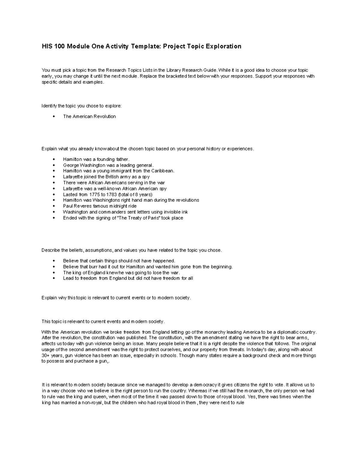 Document - HIS 100 Module One Activity Template: Project Topic ...