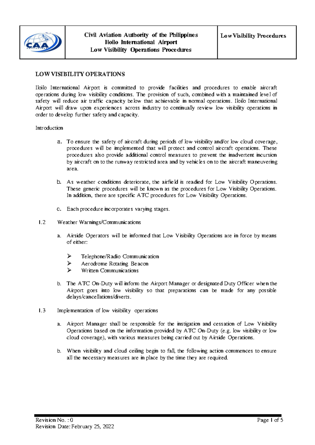 Appendix M Low Visibility Operation Procedures - Revision No. : 0 Page ...