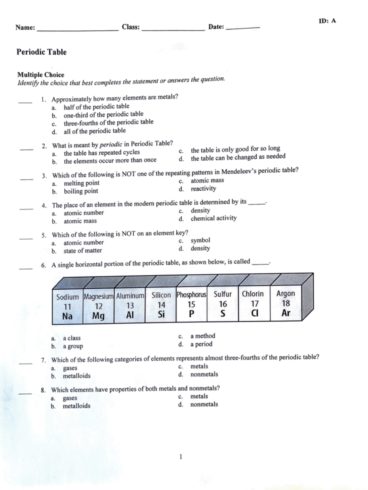 PRE-TEST of atomic particles - ID: A Name: ___________ Class ...