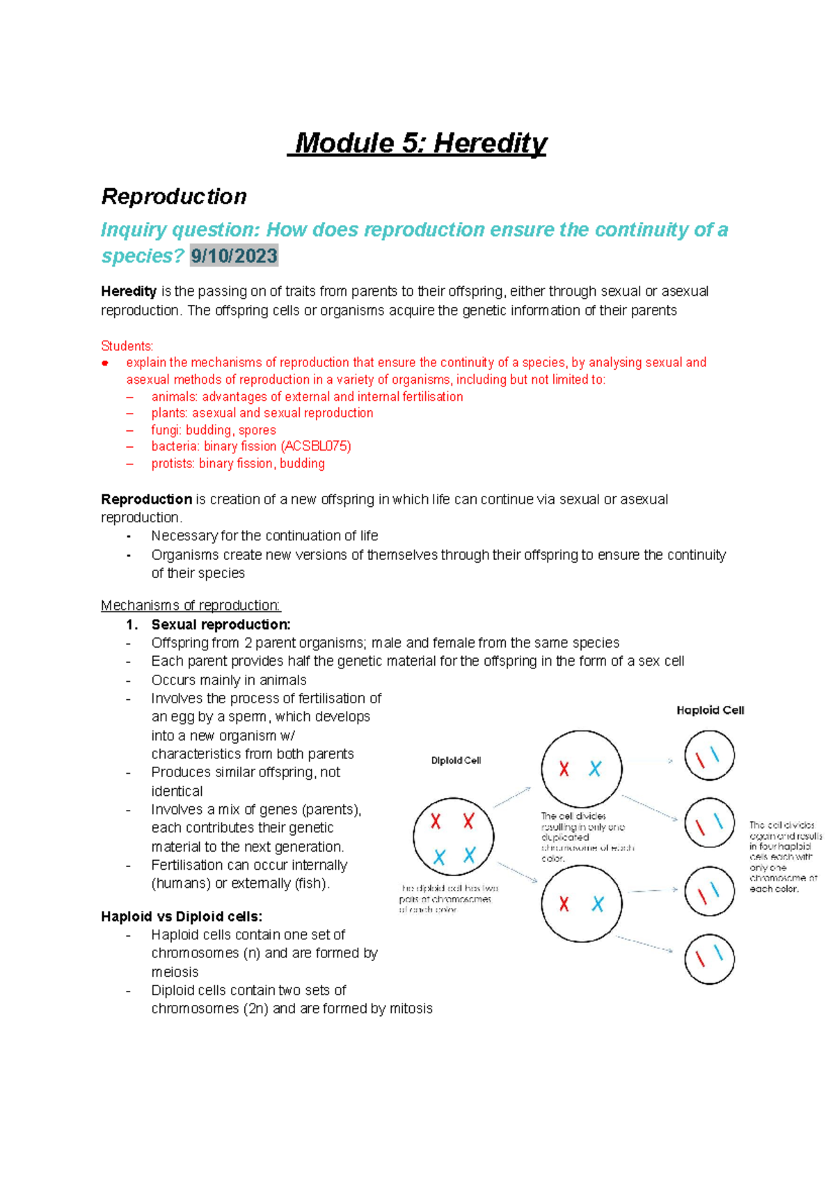 Module 5 notes - 2019 syllabus - Module 5: Heredity Reproduction ...