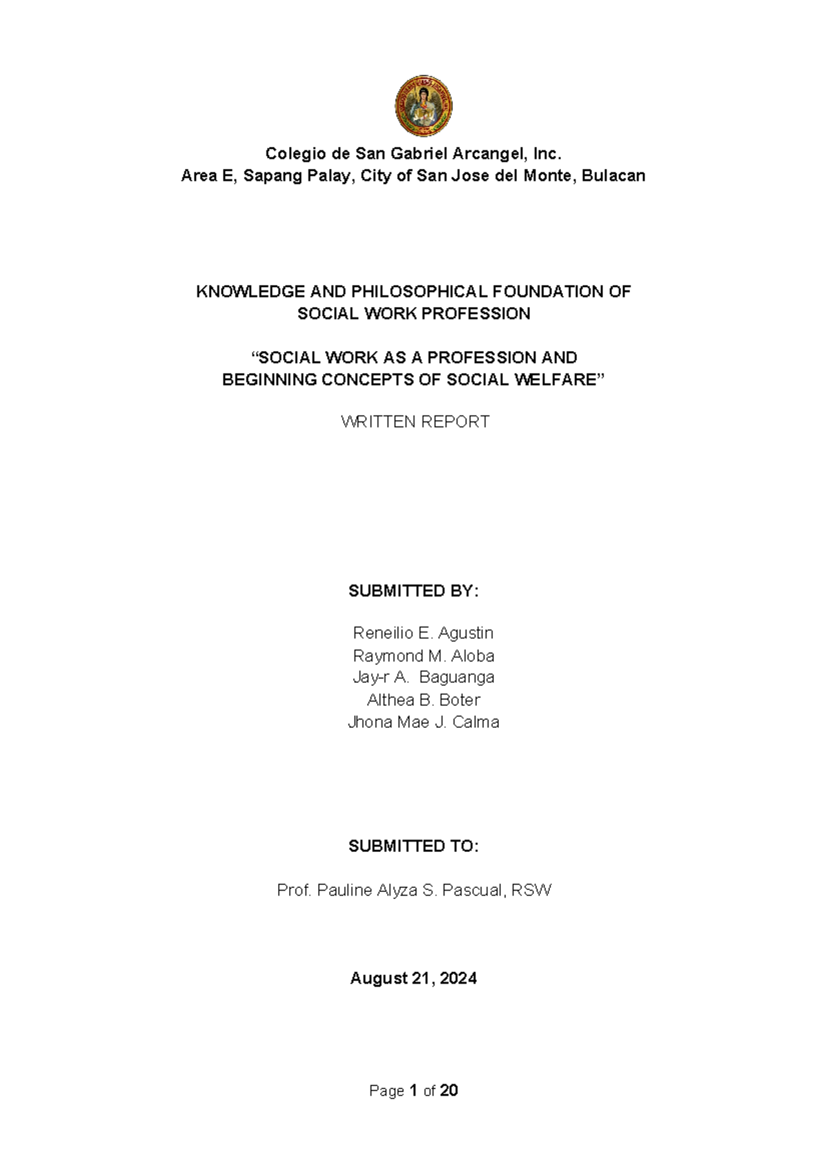 ( Kpfsw)-introduction to social work profession Written Report ...