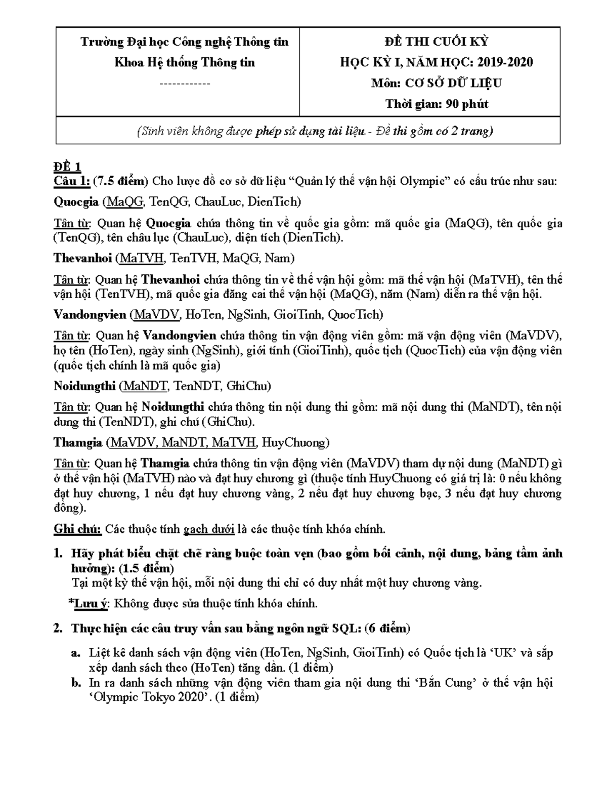 De Thi Cuoi Ky CSDL HK1 2019 2020 - !"#$%& '() +, - .%& %&/ !*.%& 0 )% Kh oa H - Studocu