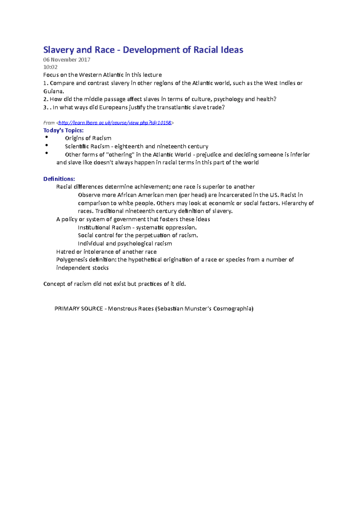 Slavery l6 - Lecture notes - Slavery and Race - Development of Racial ...