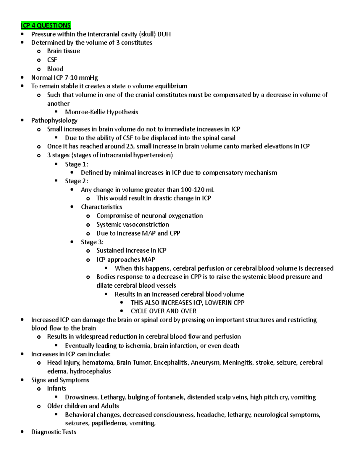 Post Test 3 Notes - Exam Study Guide - ICP 4 QUESTIONS Pressure within ...