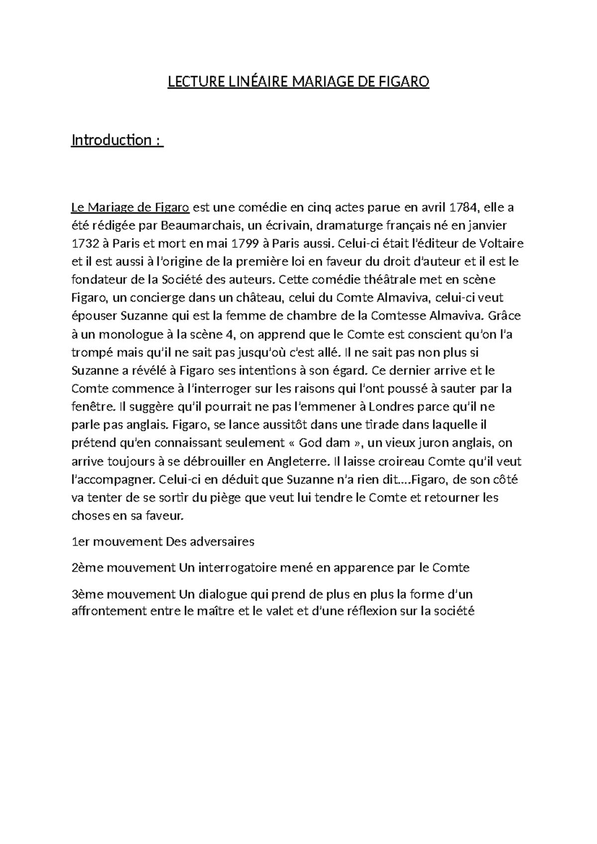LL mariage de figaro - LECTURE LINÉAIRE MARIAGE DE FIGARO Introduction ...