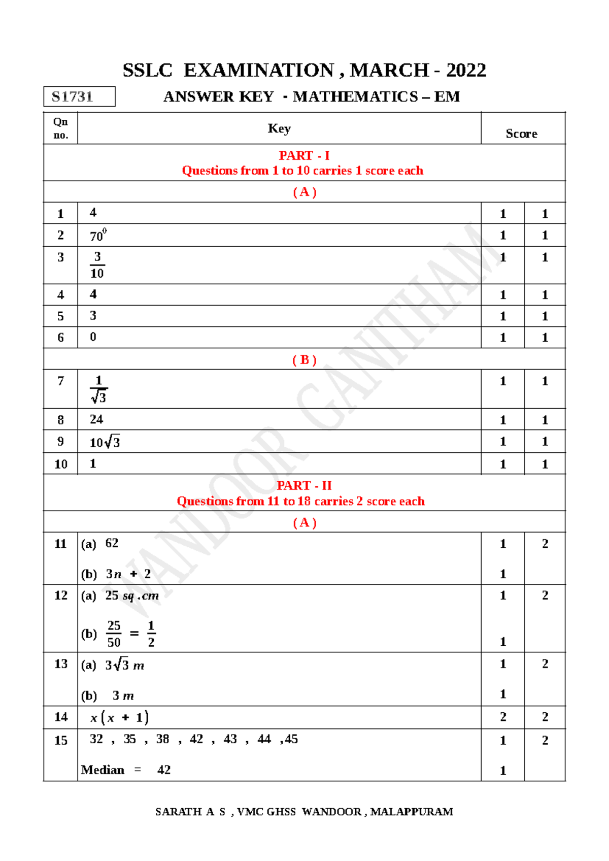 SSLC Maths 2022 Answer Key English Medium by Sarath Sir - SSLC EXAMINATION , MARCH - 2022 S1731 ...