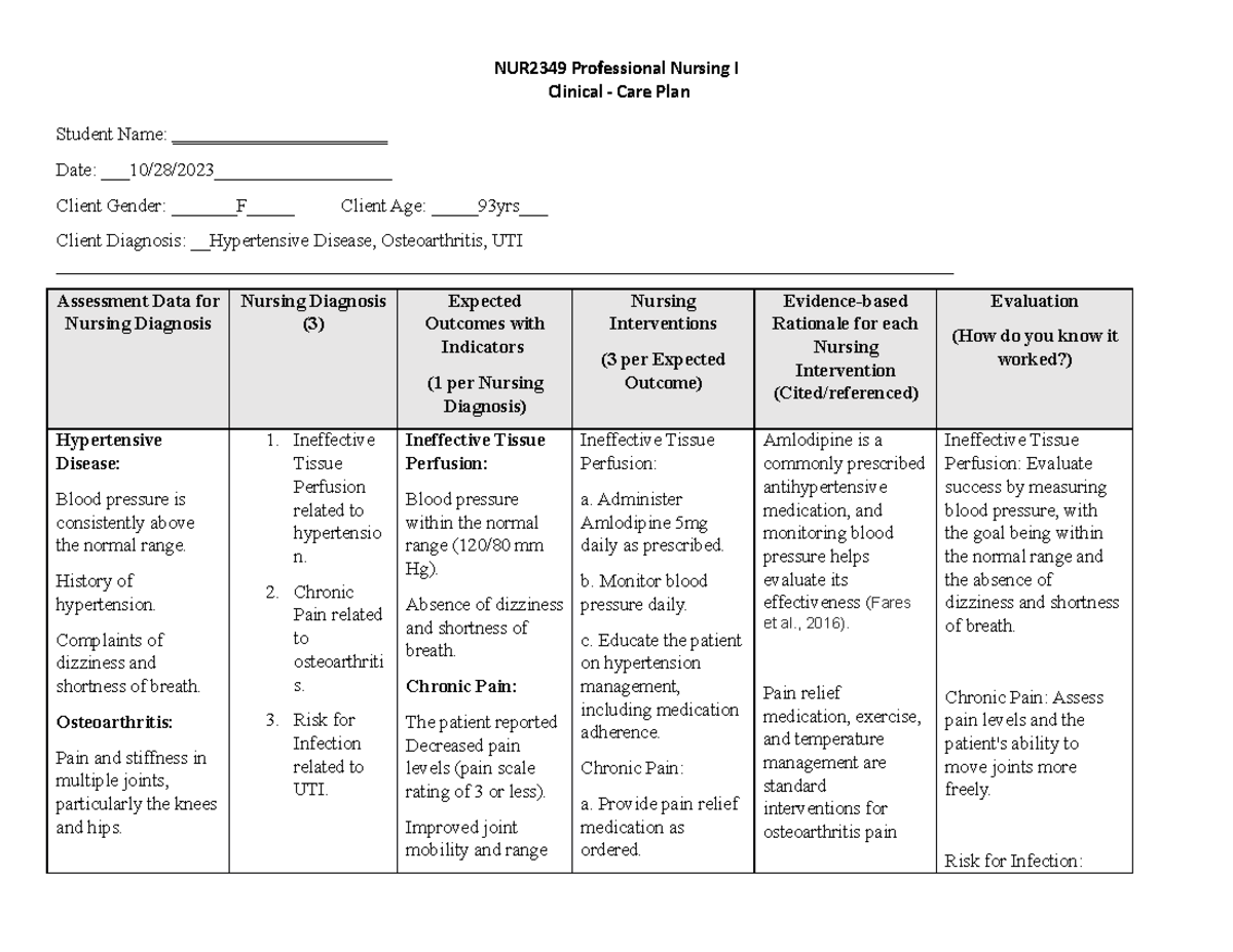 Clinical Care AAA - Care Plan - Clinical - Care Plan Student Name: _______________________ Date ...