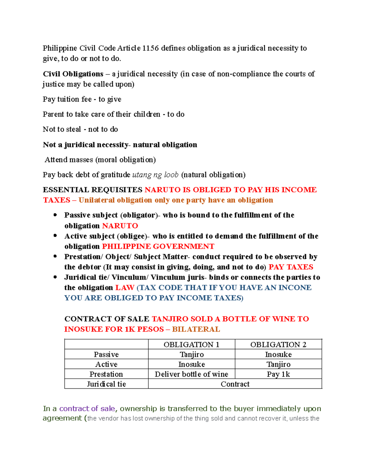 Oblicon - Notes - Philippine Civil Code Article 1156 defines obligation ...