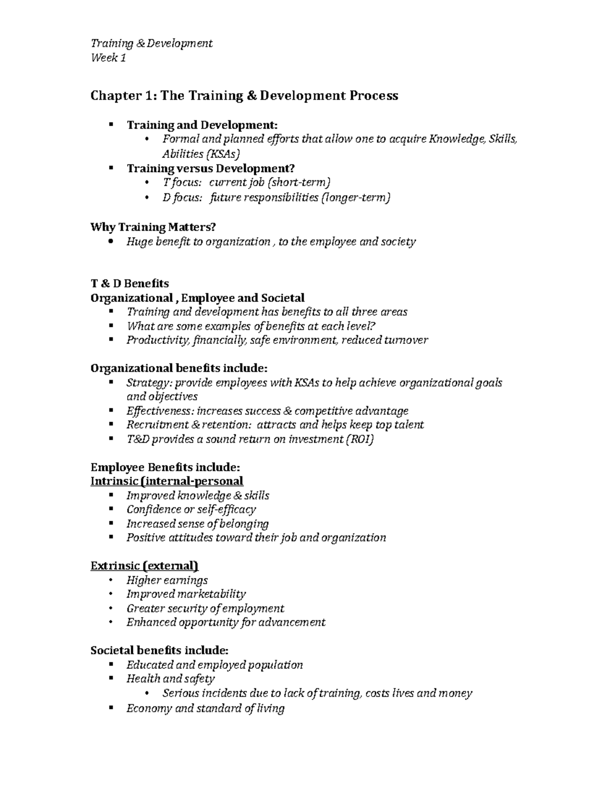 Chapter 1 - Lecture notes 1 - Training & Development Week 1 Chapter 1 ...