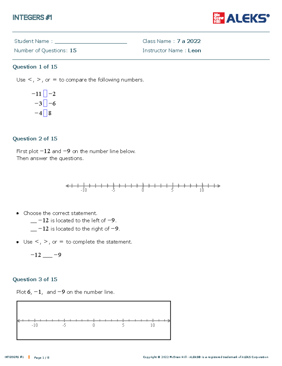 Assignment - Notes - INTEGERS Student Name ...