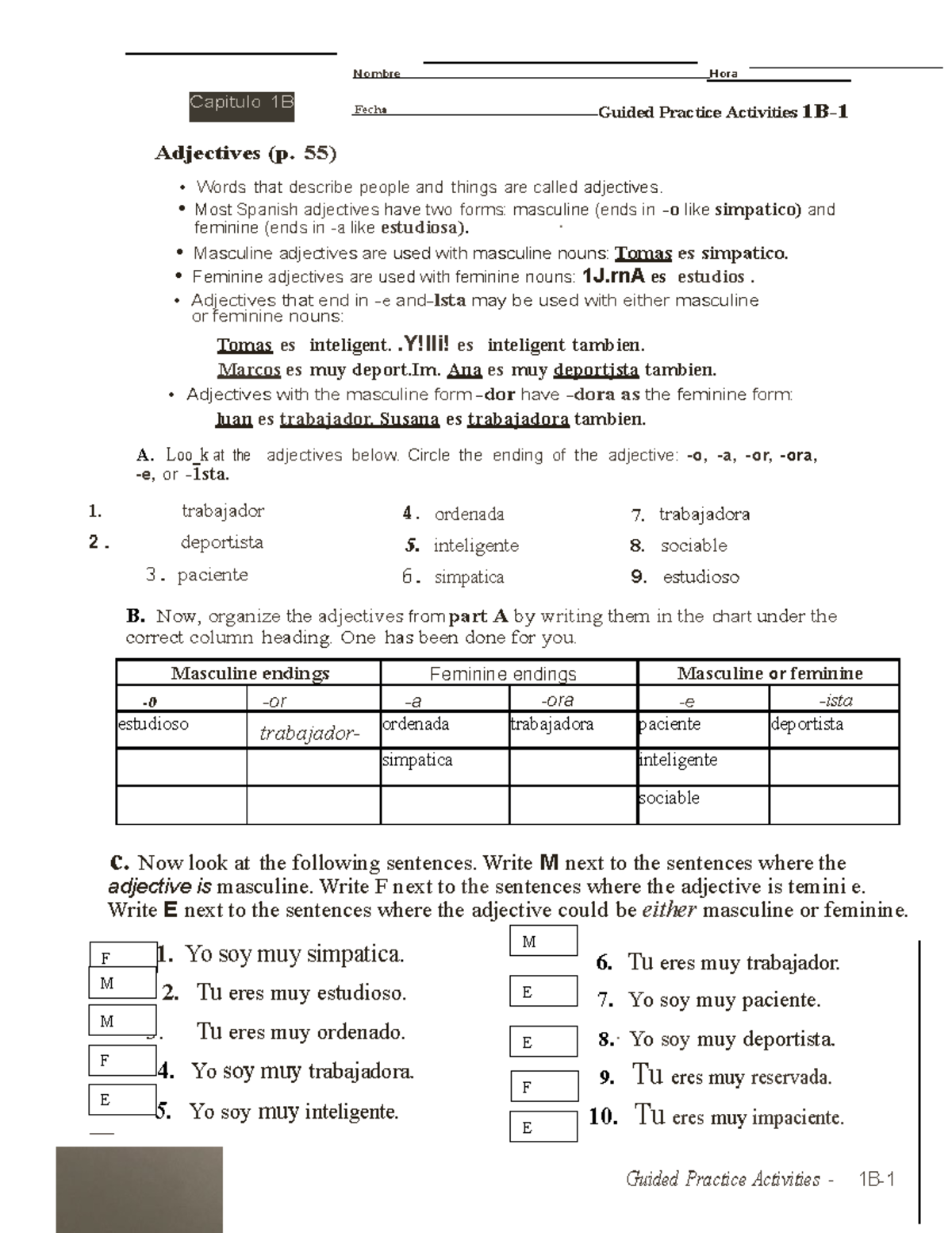 Spanish 1 Nombre Hora Capitulo 1B Fecha Guided Practice Activities 1B