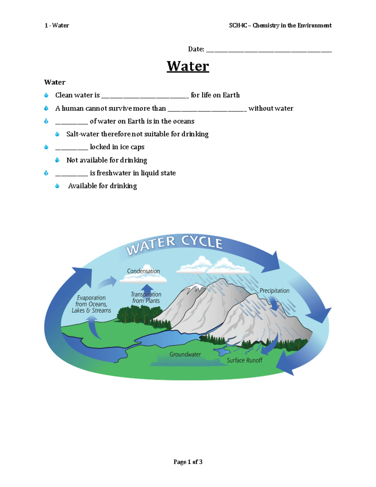 01 - Water - Notes - 1 - Water SCH4C – Chemistry in the Environment ...