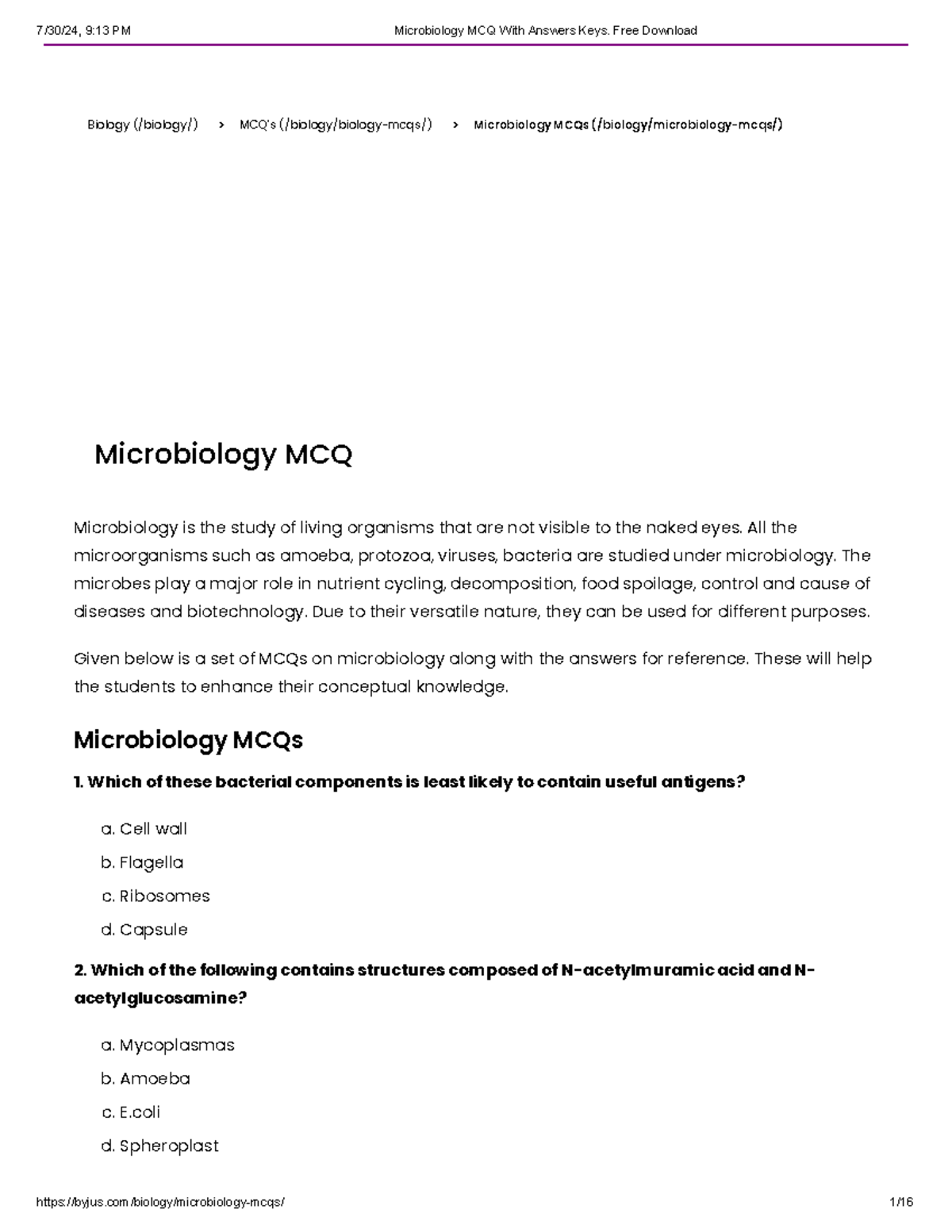 Microbiology MCQ With Answers Keys. Free Download - Biology (/biology/) > MCQ's - Studocu