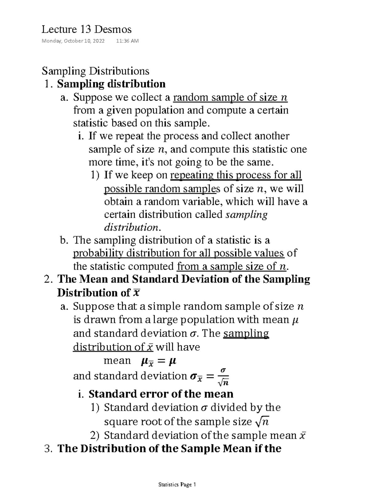 Lecture 13 Desmos - Sampling Distributions Sampling distribution Suppose we collect a random ...