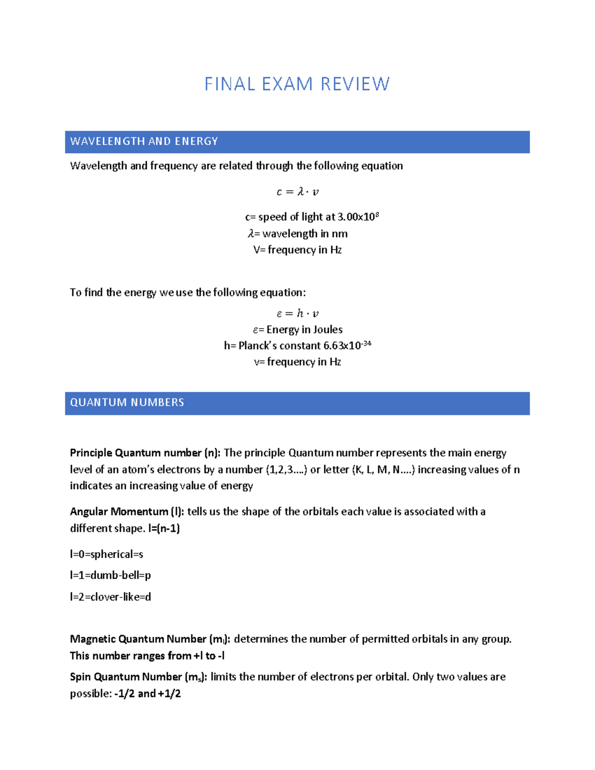 Chem Exam Review - Summary General Chemistry I - FINAL EXAM REVIEW ...