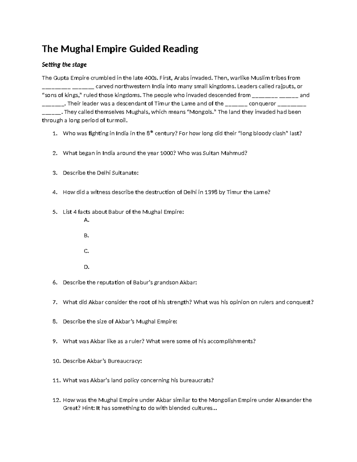 The Mughal Empire Guided Reading - The Mughal Empire Guided Reading ...