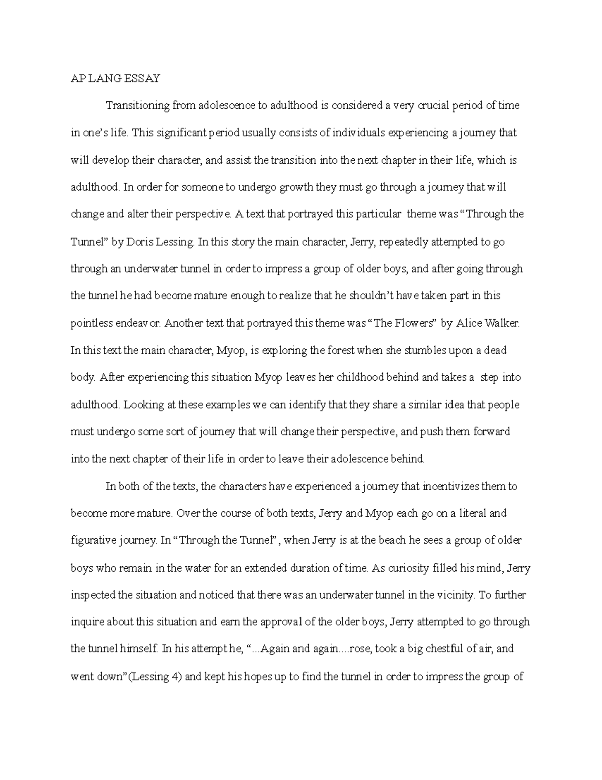 English essay - AP LANG ESSAY Transitioning from adolescence to ...
