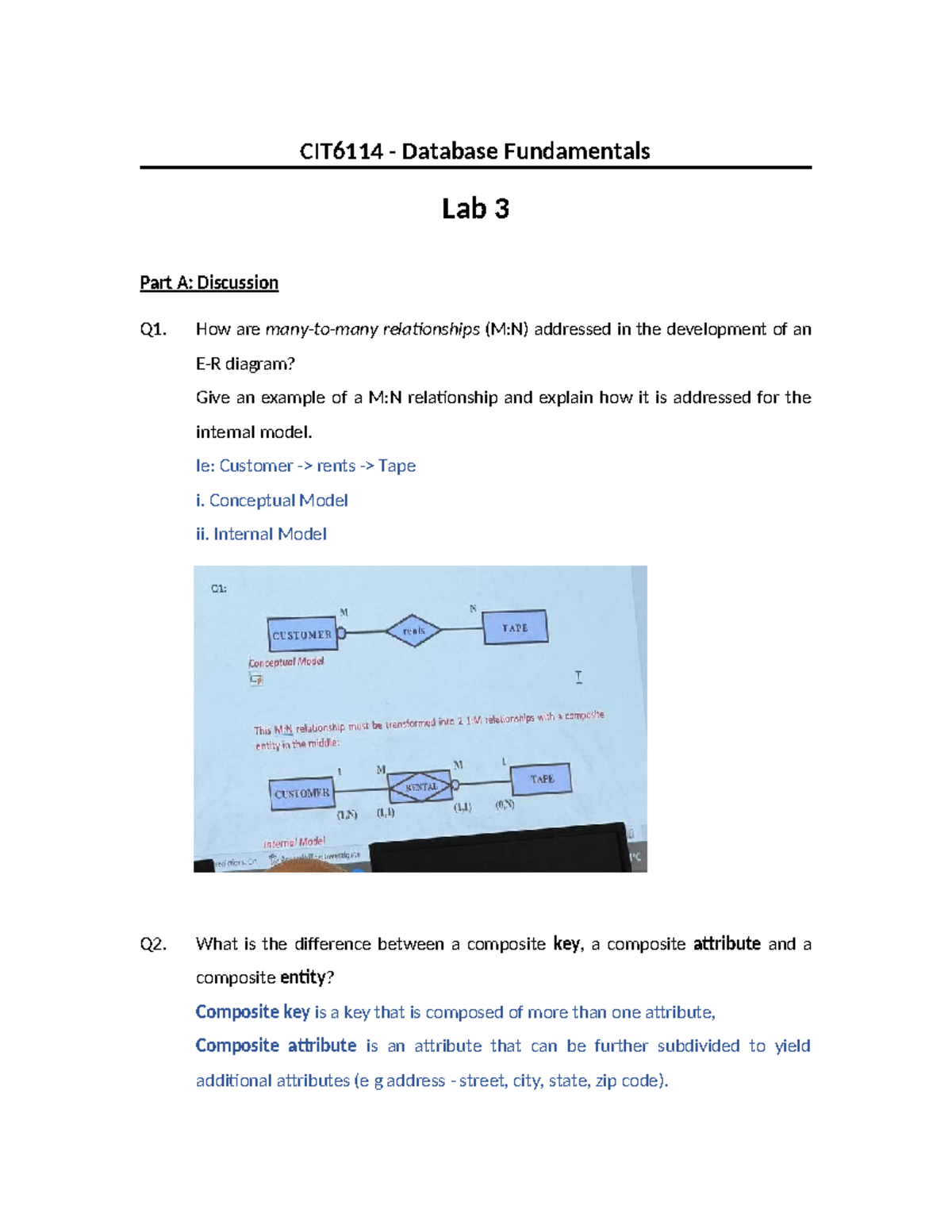 3. Lab 3 - CIT6114 - Database Fundamentals Lab 3 Part A: Discussion Q1. How are many-to-many ...