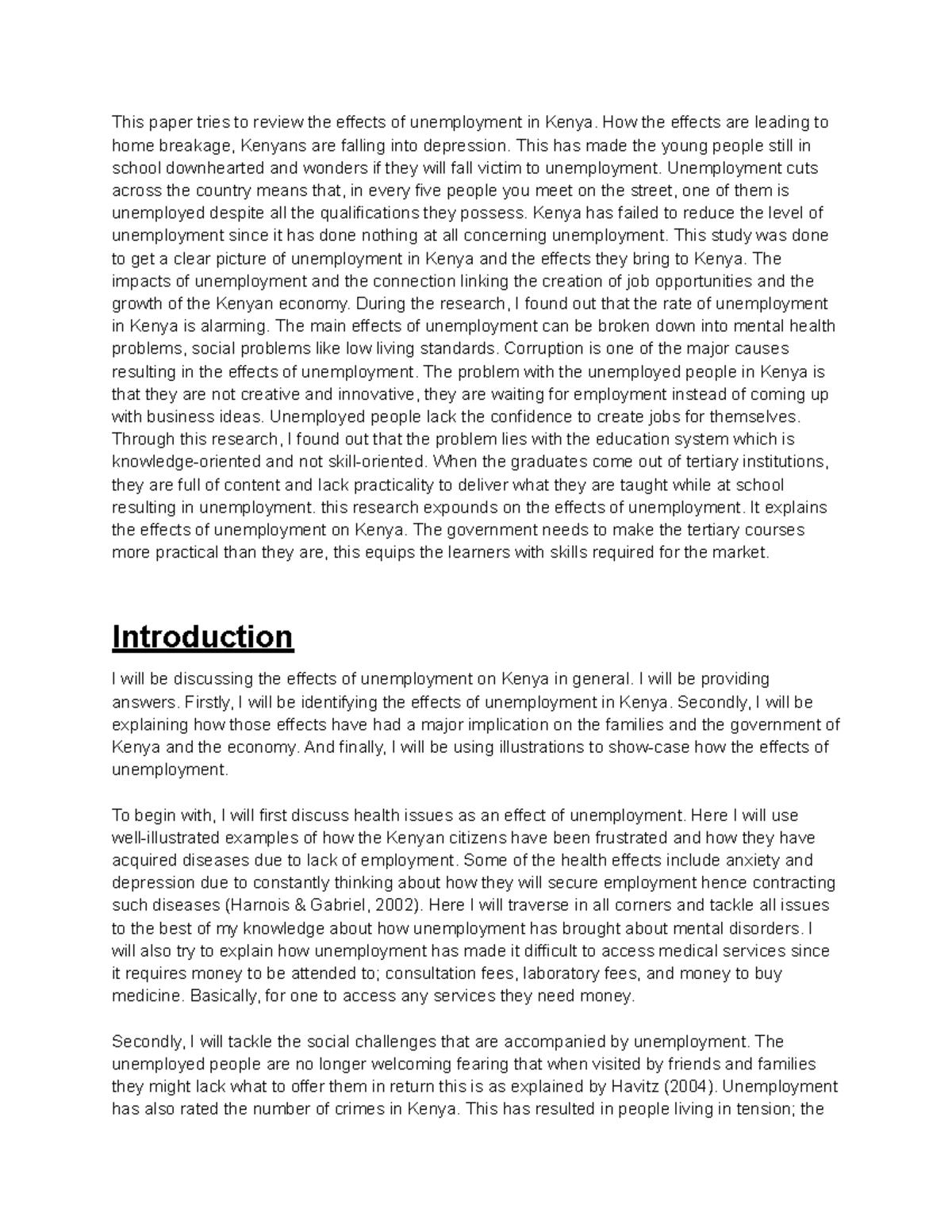 The Effects of Unemployment in Kenya[ESSAY] - This paper tries to ...