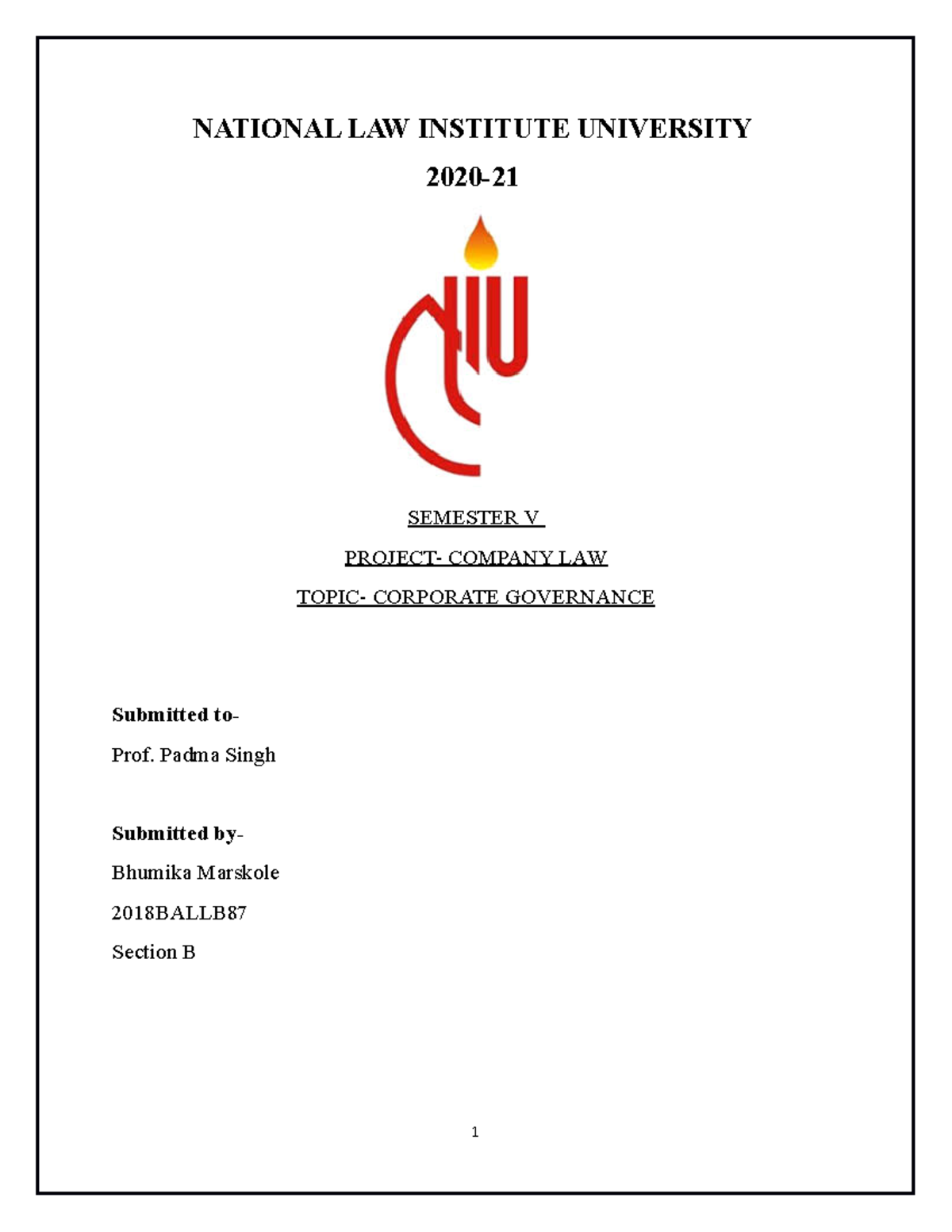 Company law(semester 5) project - NATIONAL LAW INSTITUTE UNIVERSITY ...